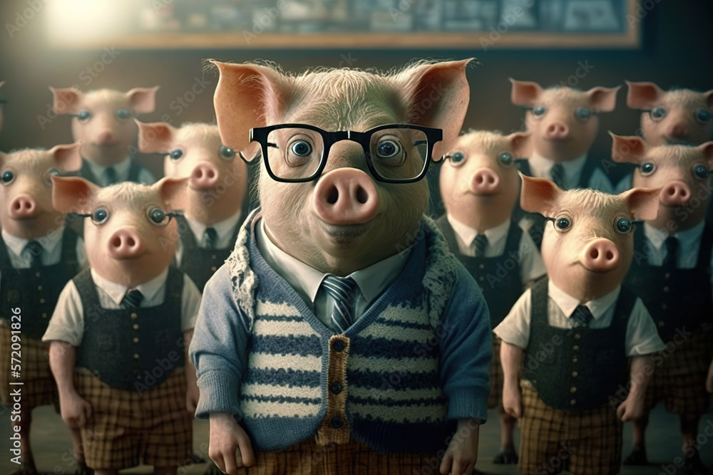 Happy pig with glasses dressed as a teacher stands in , concept of ...