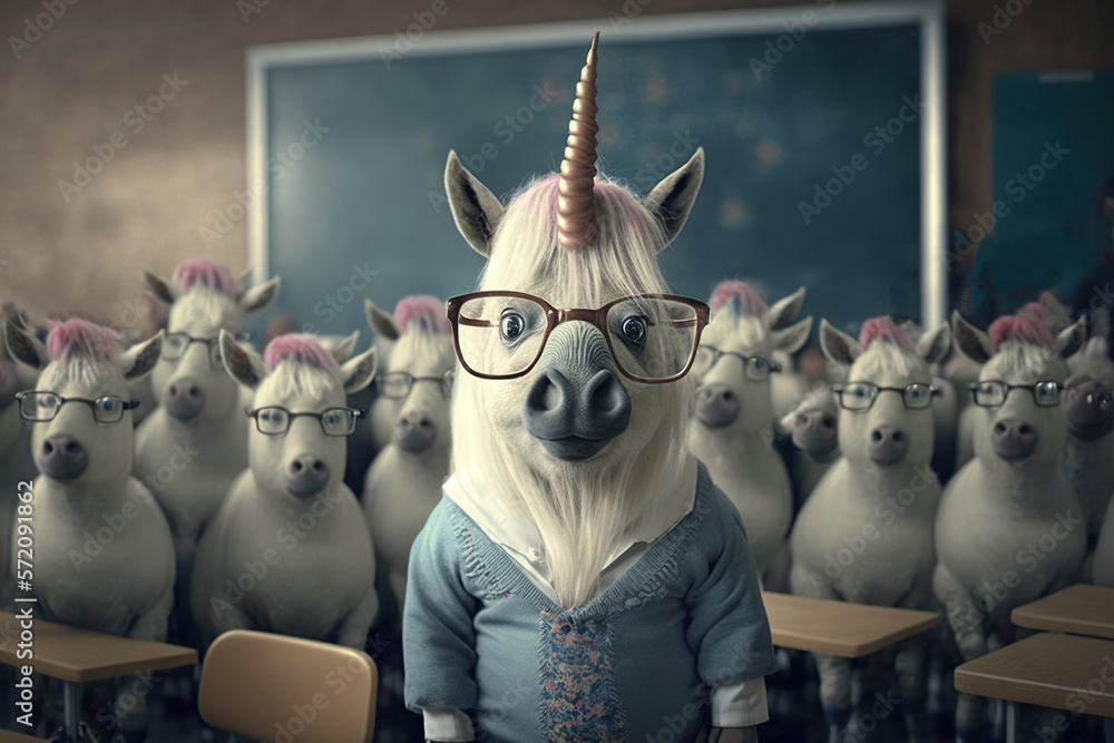 Happy unicorn with glasses dressed as a teacher stands, concept of ...