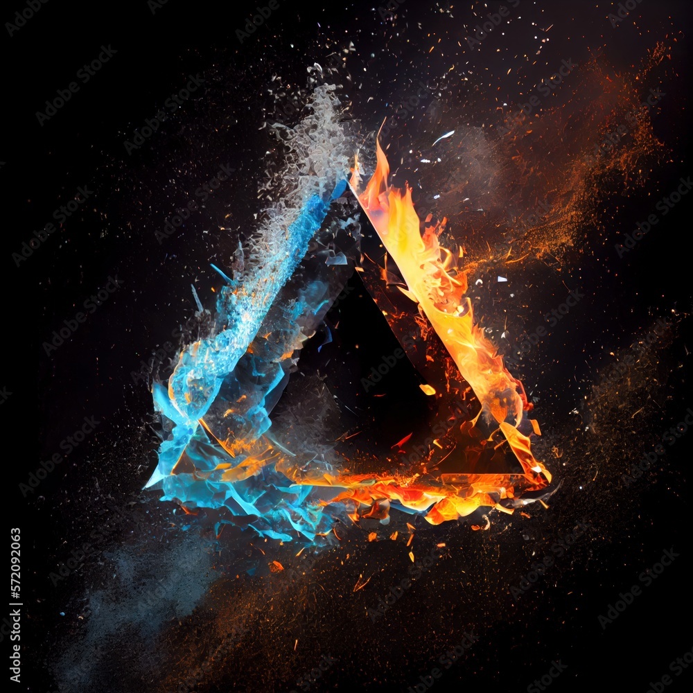A triangle frame in the clash of ice and fire on black background. Fire ...