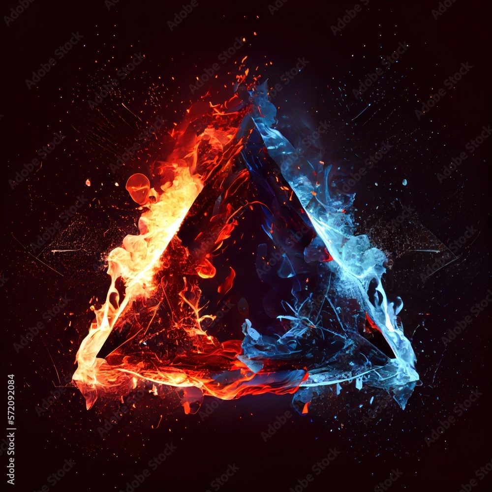 A triangle frame in the clash of ice and fire on black background. Fire ...