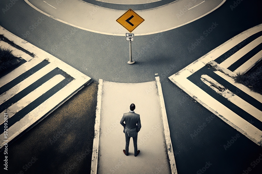 Businessman stands at a fork in the road and looks where he should go ...