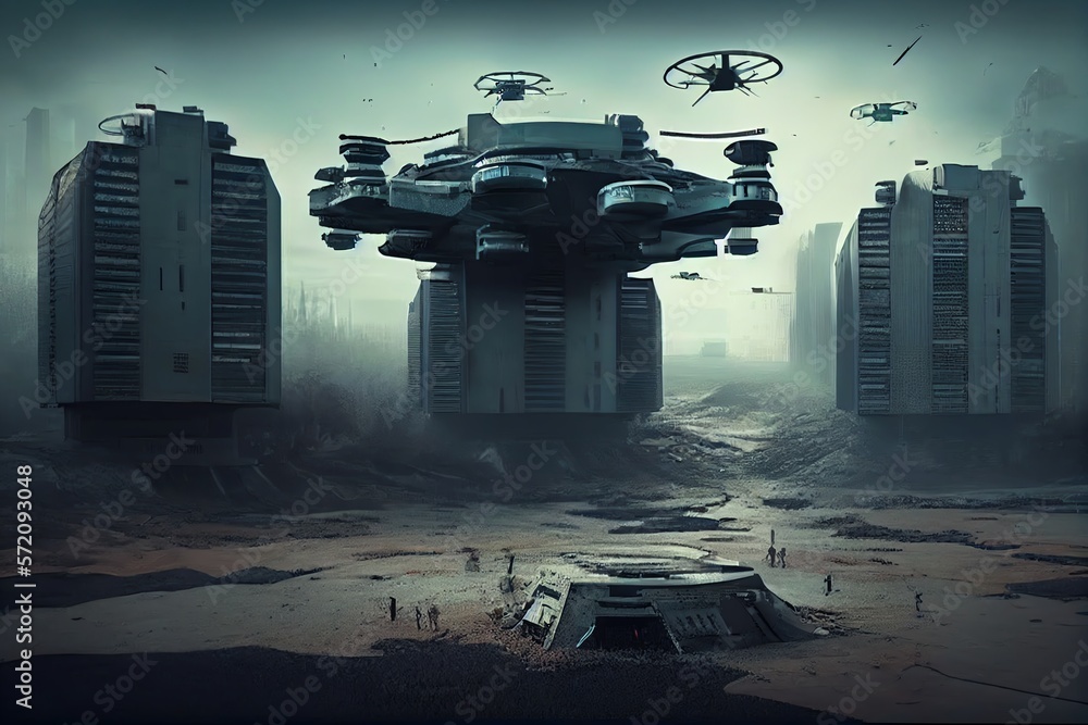 futuristic dystopian landscape where the government has police drones ...