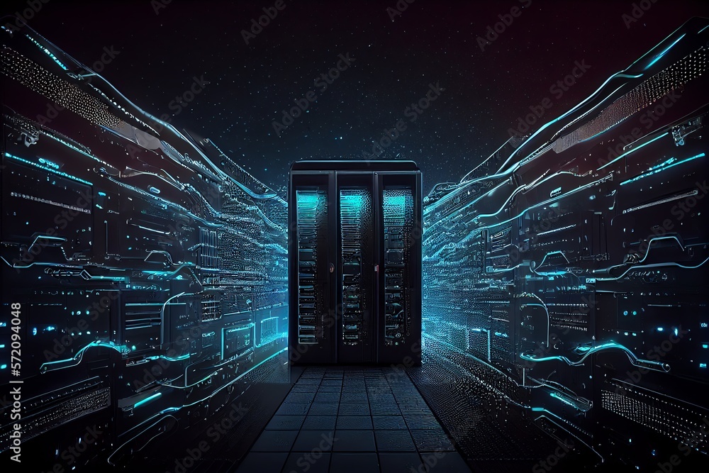 The bright lights of data storage systems contrast against the dark ...