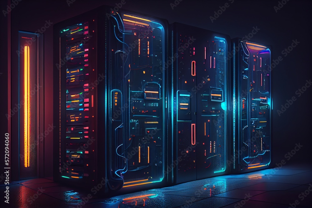 The bright lights of data storage systems contrast against the dark ...