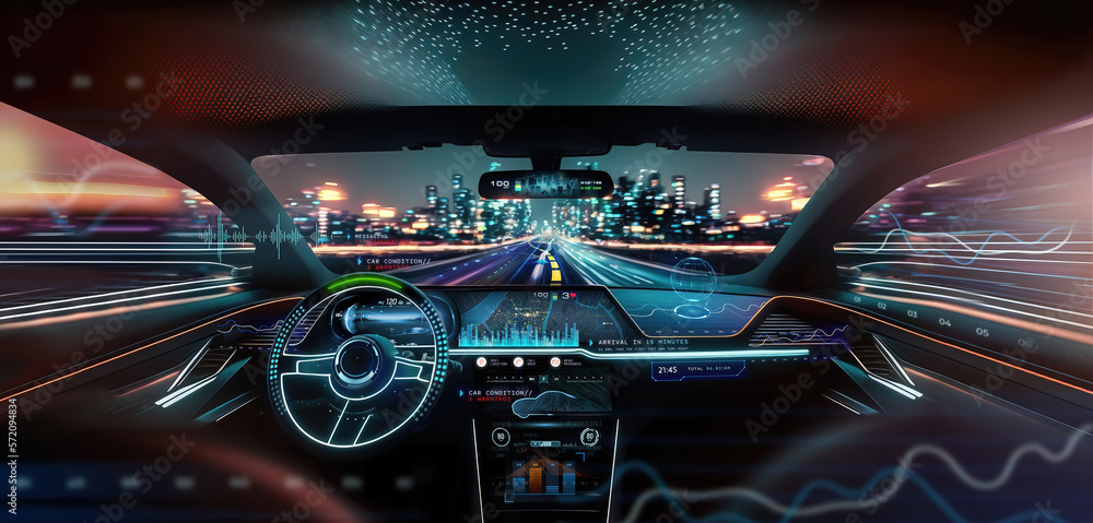 autonomous futuristic car dashboard view at night with hologram screens ...