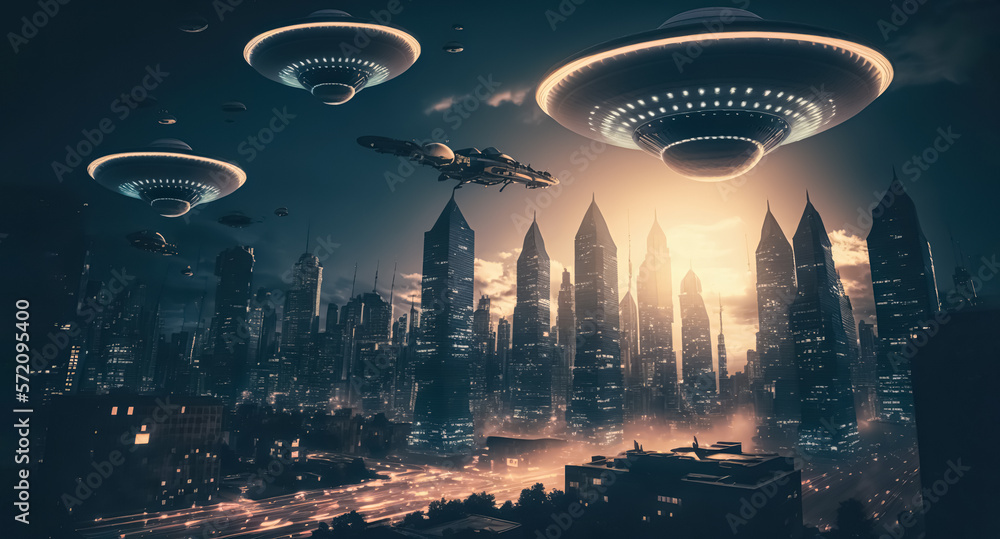 UFO Armada over downtown. giant alien spaceships over the city. UFO ...