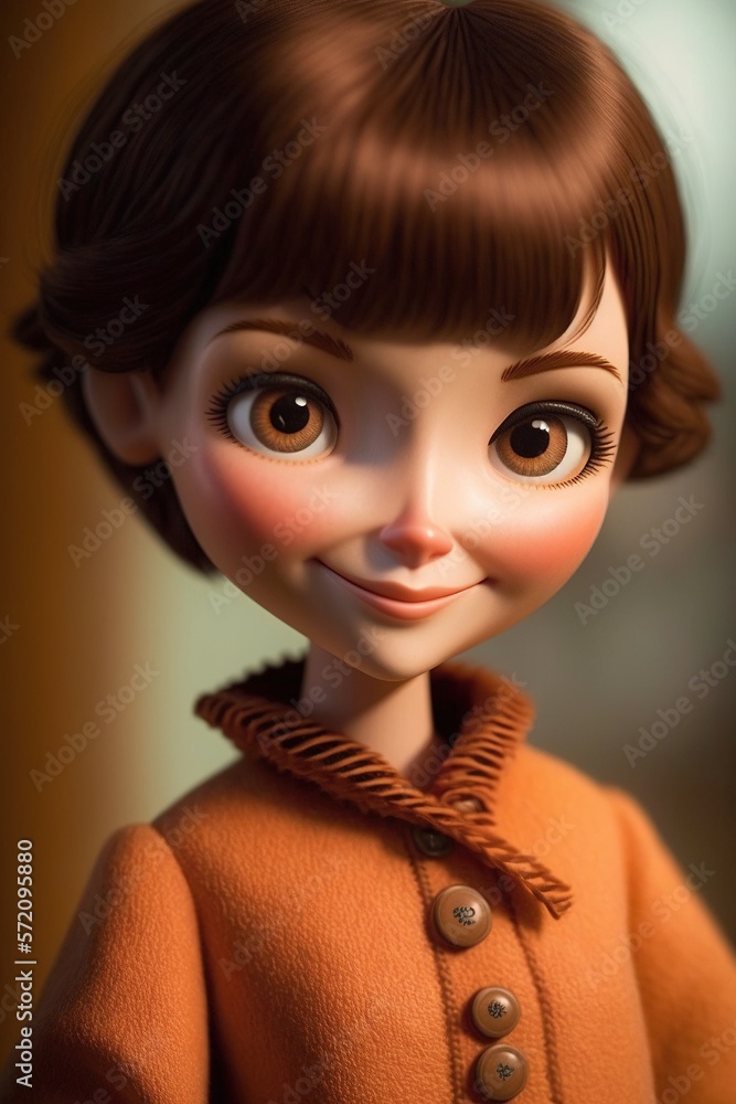 adorable portrait of doll face female girl character in classic vintage ...