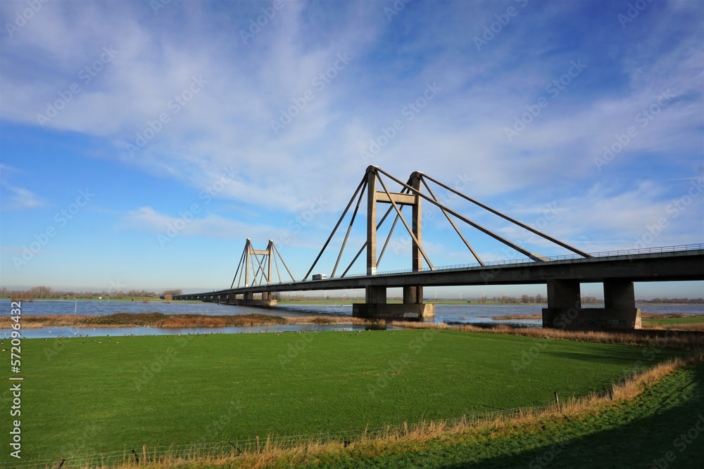 Bridge with motorway the Willem Alexander bridge over the river Maas ...