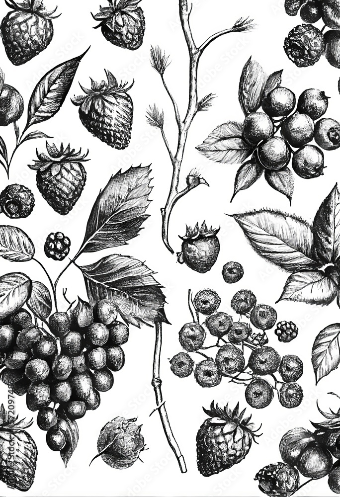 Forest berries pencil sketch abstract background. Artistic drawn bright ...
