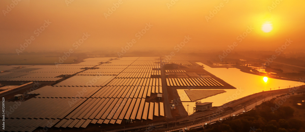 Solar Farm (solar cell) at sunset. Renewable green alternative energy ...