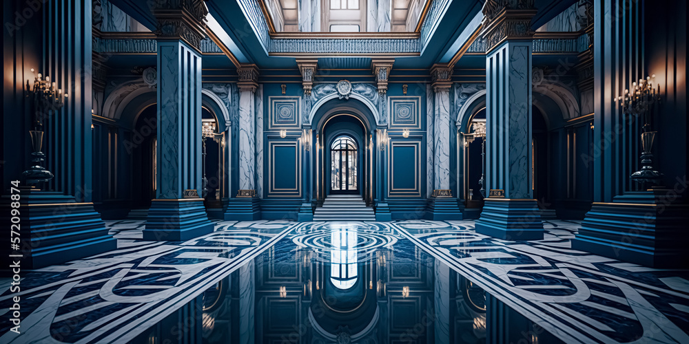 A realistic fantasy blue interior of the royal palace. golden blue ...