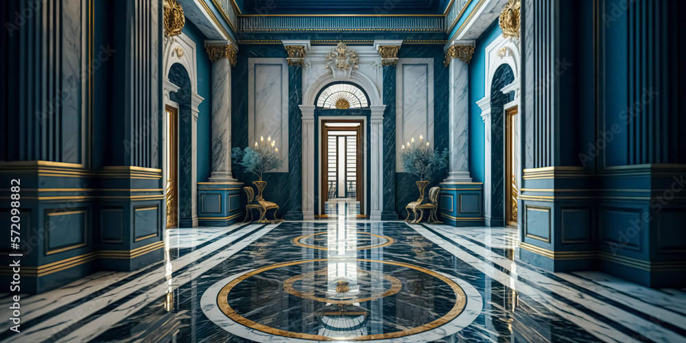 A realistic fantasy blue interior of the royal palace. golden blue ...