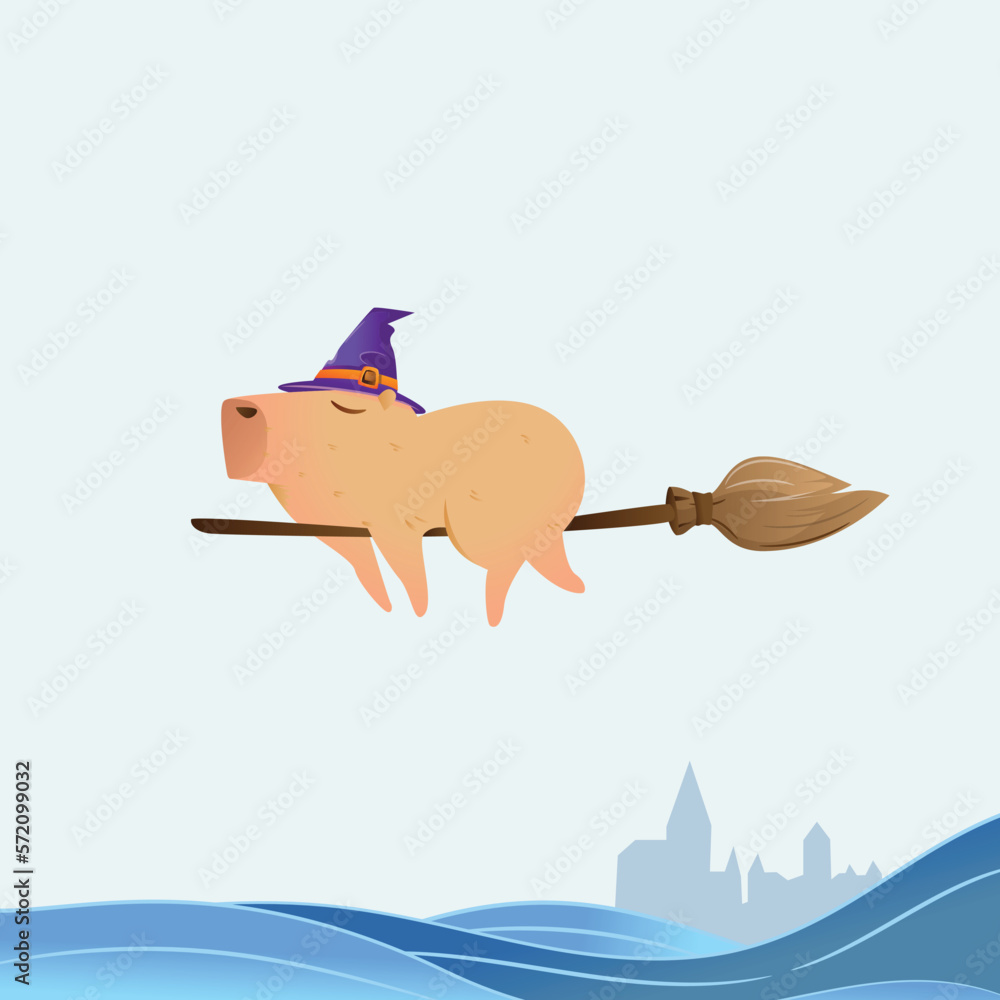 Vetor de Capybara Halloween, Lazy capybara riding flying broom above ...