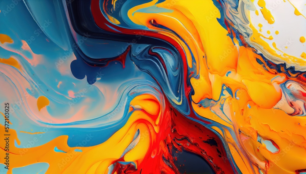 Background mixed liquid paint red, yellow, blue colors. Luxury marble ...