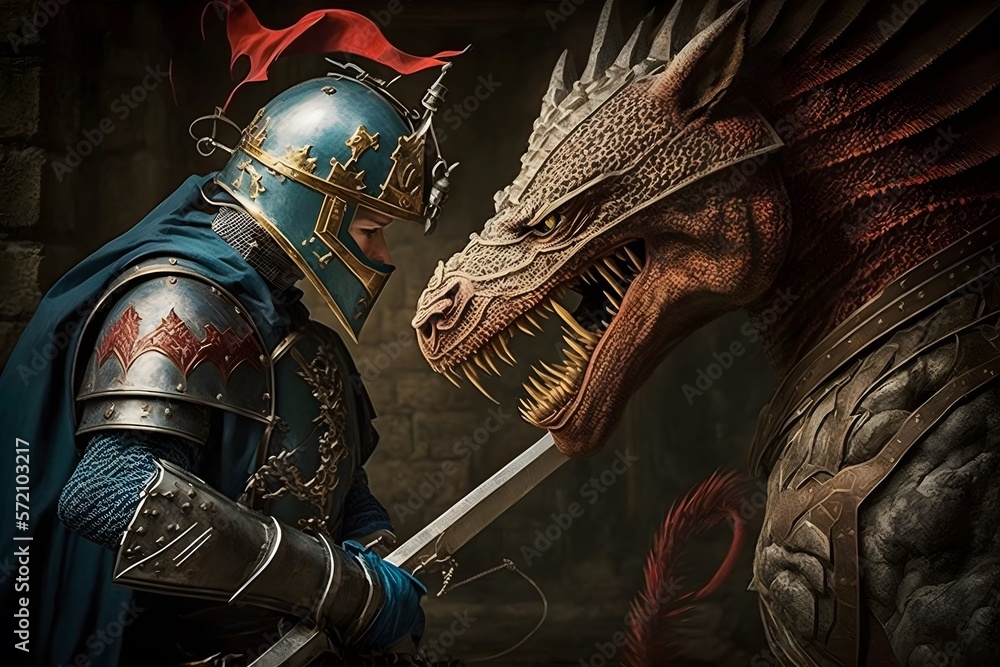 knight fighting with a dragon created using AI Generative Technology Stock Illustration | Adobe ...