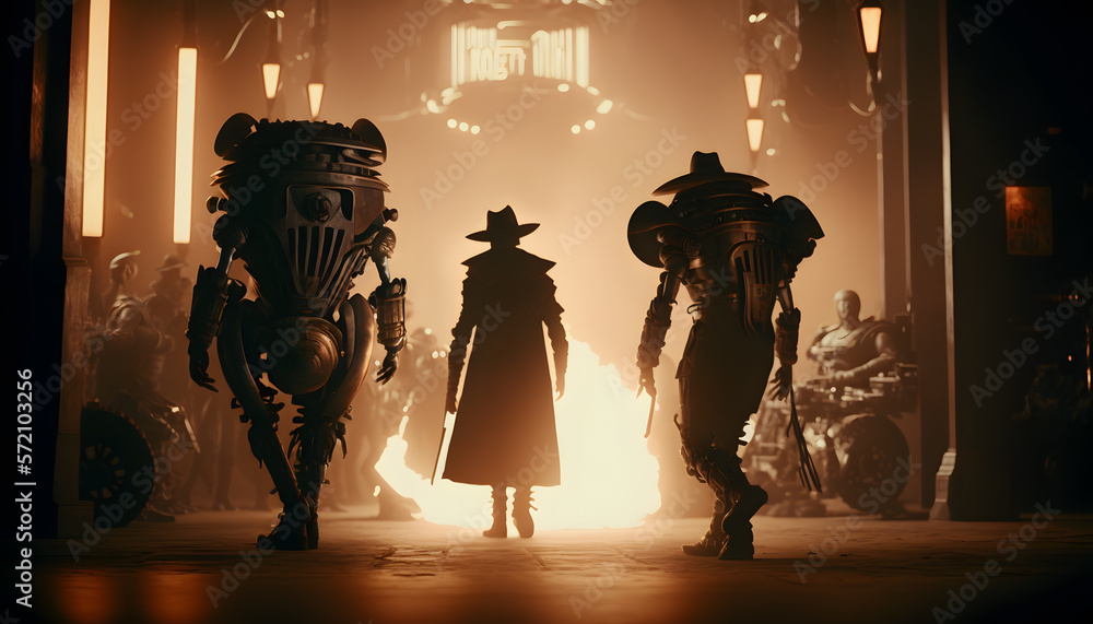 Steampunk man walking with bodyguard robots in dangerous apocalyptic ...