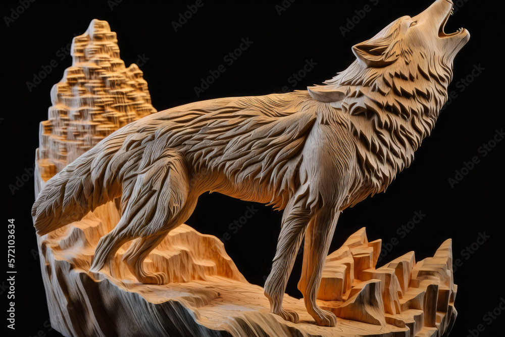 striking wood carving of a howling wolf with lifelike features and a ...