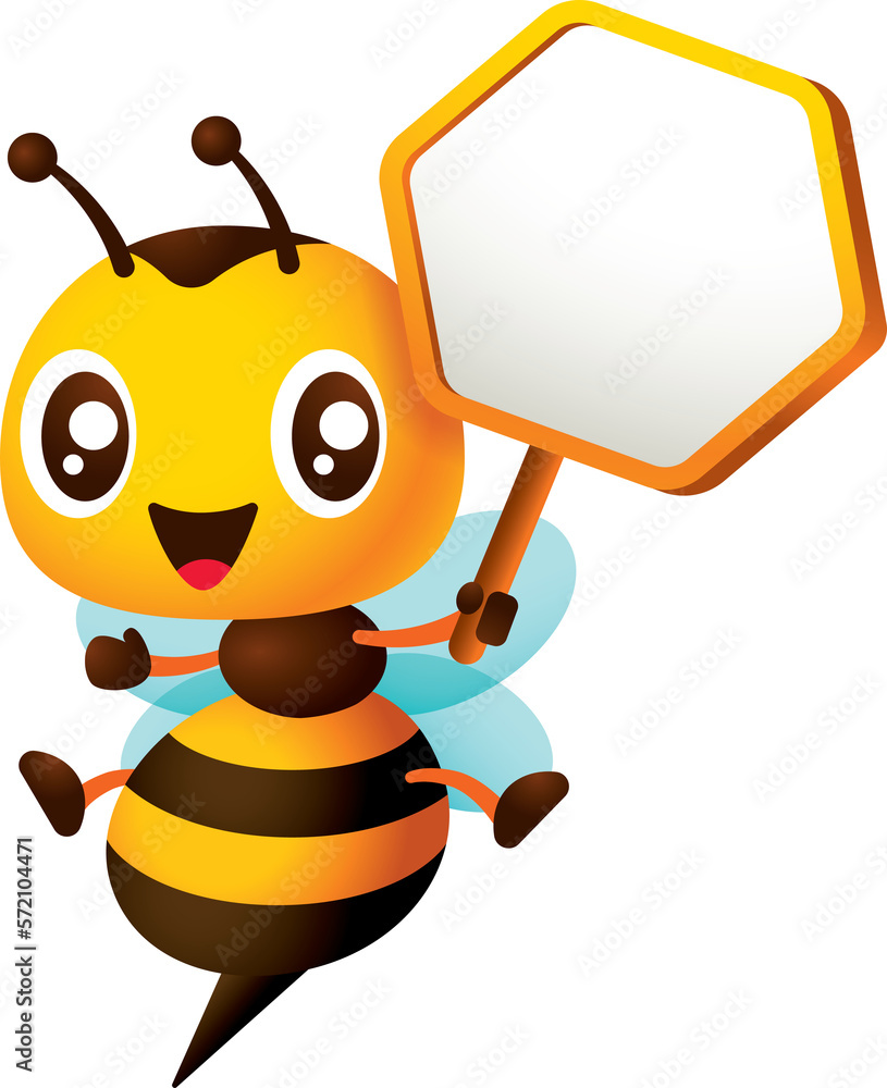 Cartoon cute happy bee character holding empty honeycomb shaped ...
