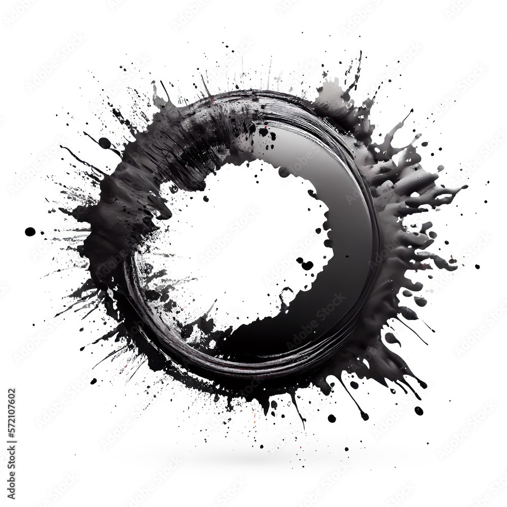 A circle frame with black paint splashes on white background. Liquid ...