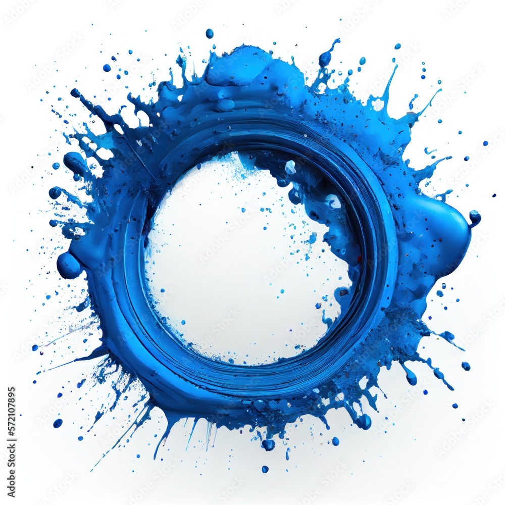 A circle frame with blue paint splashes on white background. Liquid ...