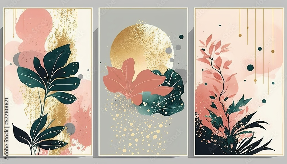 Aesthetic triptych poster minimalist floral illustration in pastel colors. Generative AI ...