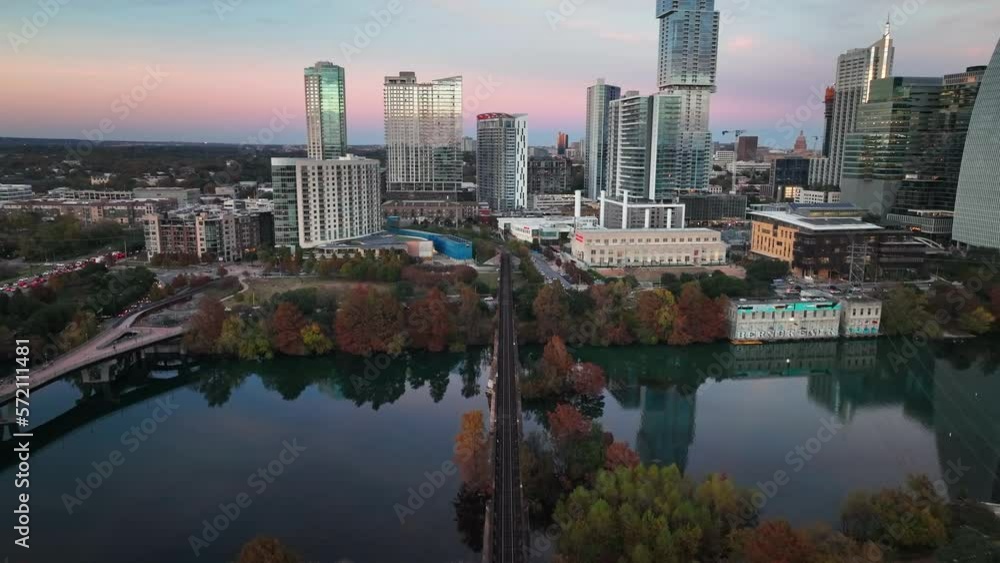 Pfluger Pedestrian Bridge And Railway With City Skyline Spanning Lady ...