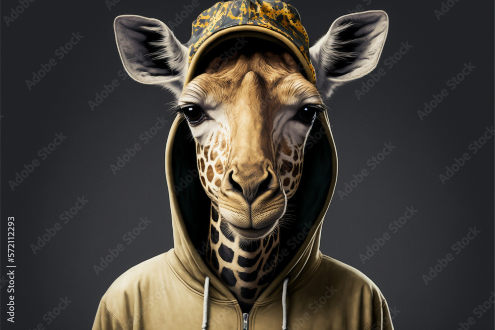 Portrait of giraffe wearing in streetwear. Animal wears Hip hop street ...