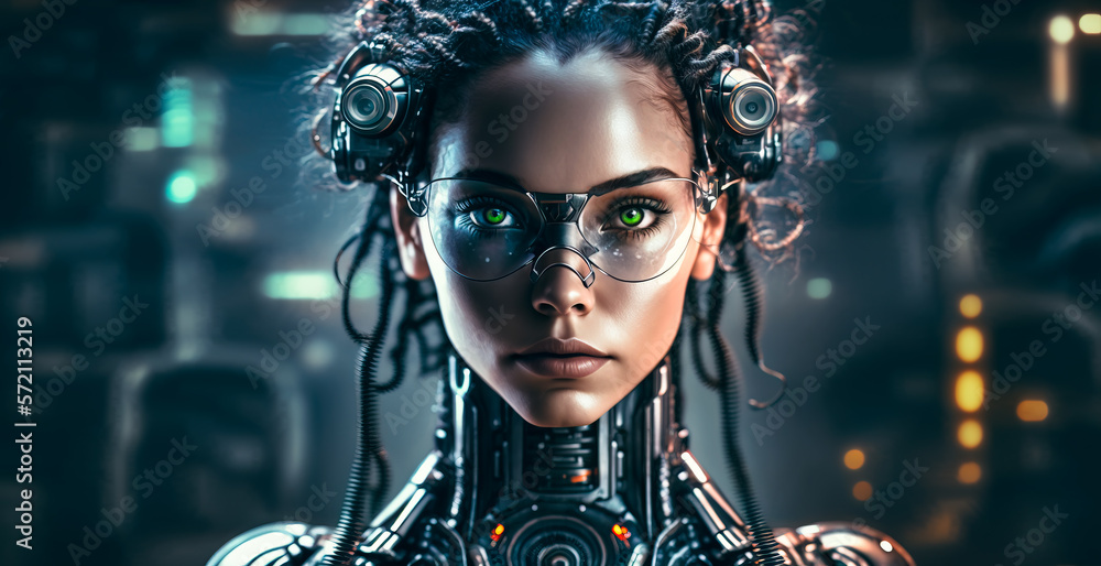 Cyborg cybernetic and organism. A female woman with both organic and ...