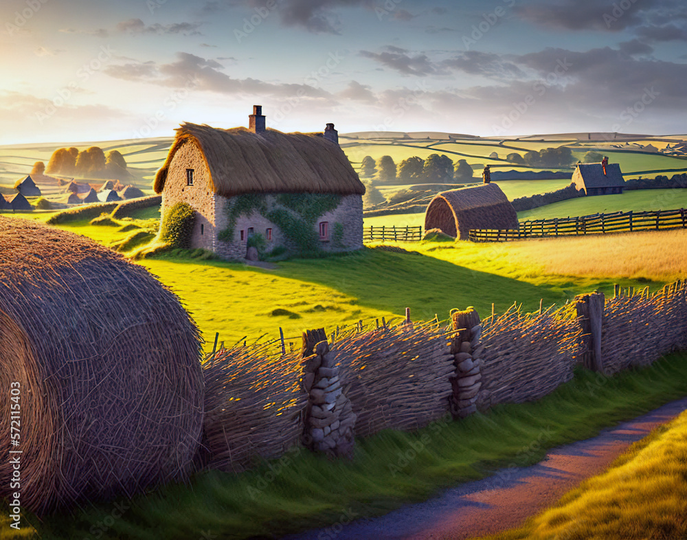 English countryside landscape with old traditional farmhouse, wattle ...