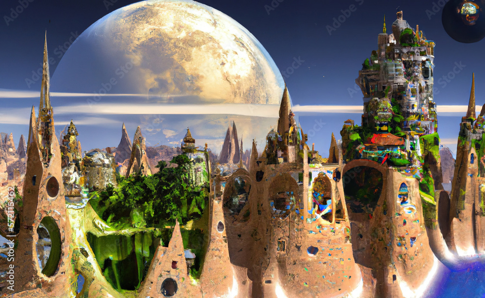 Futuristic buildings in a sandcastle style city built at the edge of ...