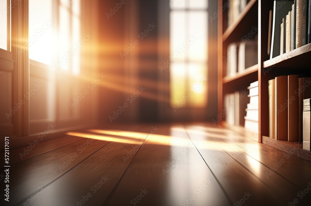 The golden morning sun shone through the interior of the library with ...