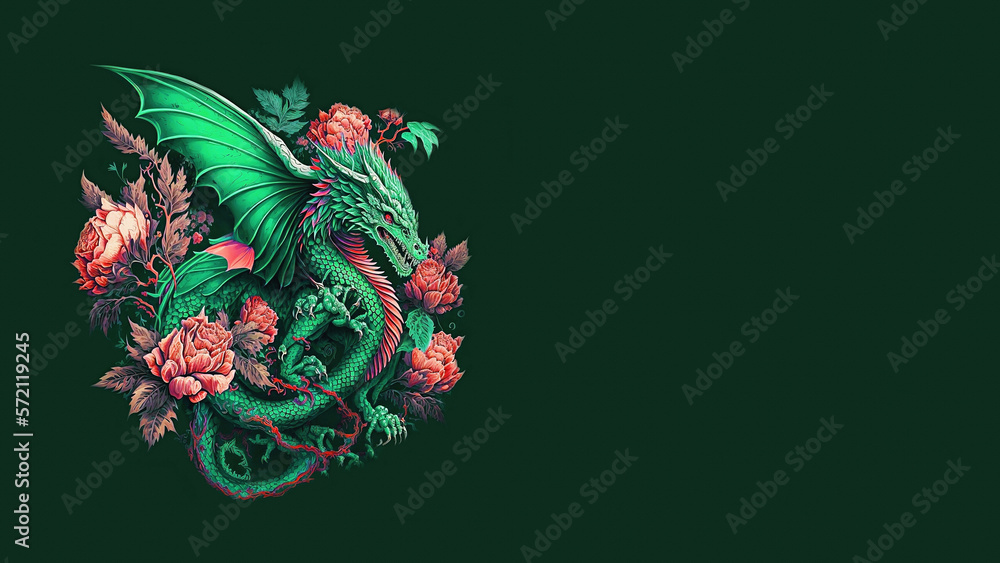 Asian dragon art illustration design. Green dragon with red roses. Dark ...