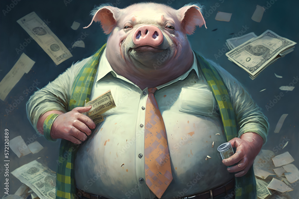 Filthy rich pig is fat and cashed up, lots of money in his pockets ...