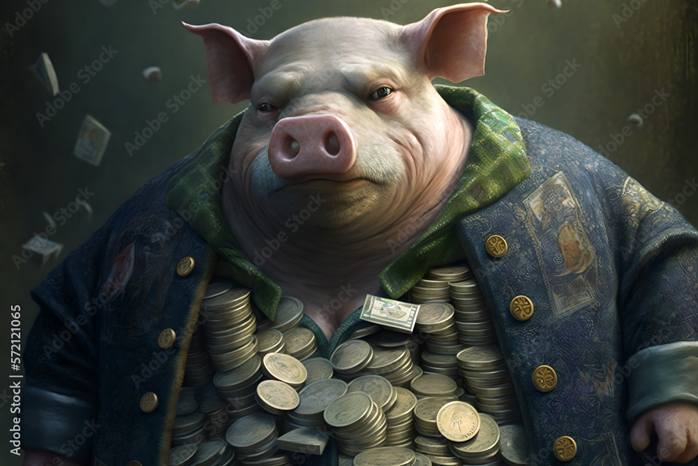 Filthy rich pig is fat and cashed up, lots of money in his pockets ...