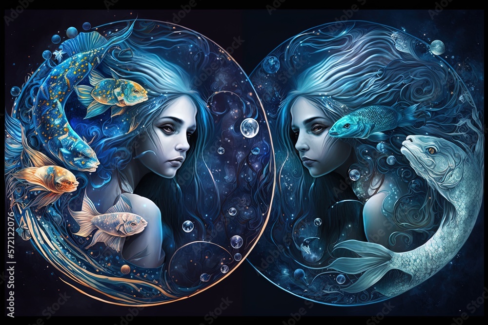 Backdrop of sacred zodiac Pisces symbols, astrology, alchemy, magic ...
