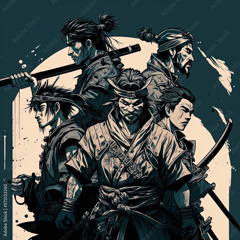 Samurai warrior with katana sword. Ronin samurai against five enemy ...