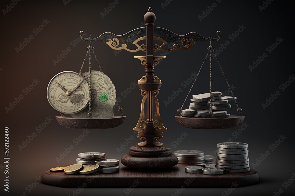 Scales with time and people on one side and money on the other, concept ...