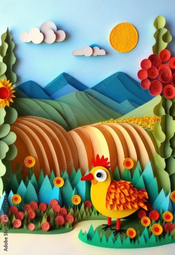 children landscape scene in paper craft, paper quilling style ...