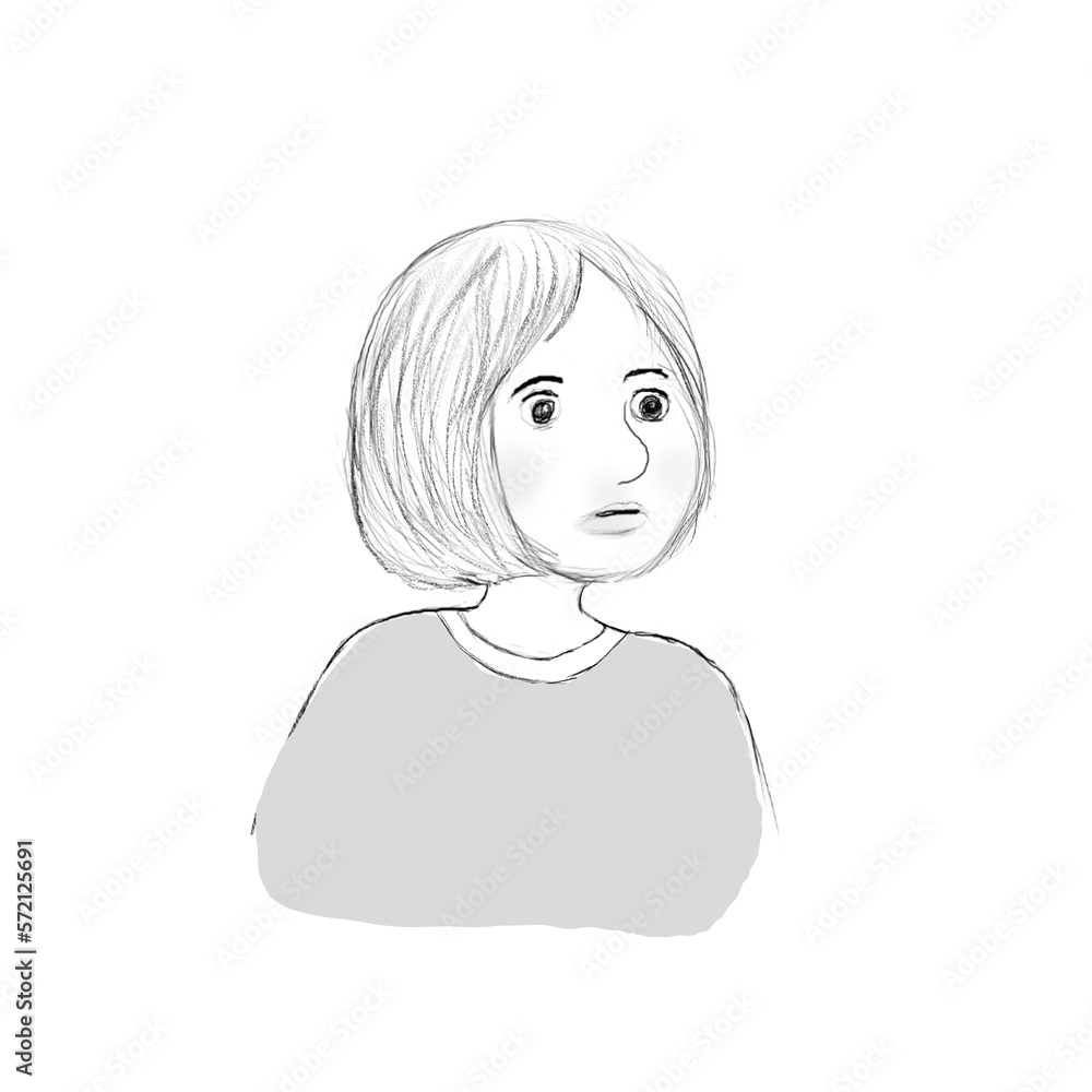 Surprised little girl with short hair, pencil drawing Stock ...