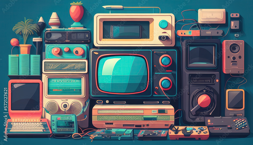 Background full of various old electronics from the 80s and 90s, retro ...