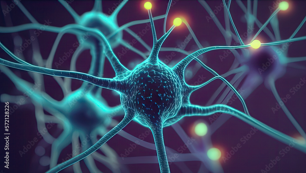 Conceptual illustration of neuron cells with glowing link knots. Blue ...