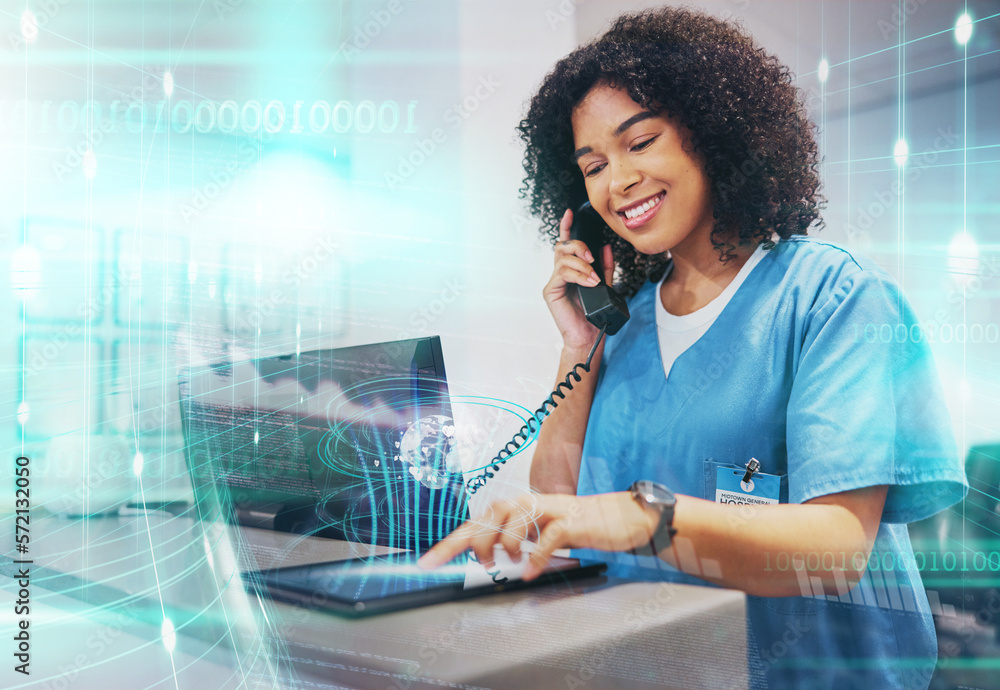 Doctor, futuristic overlay and black woman on tablet and phone for ...