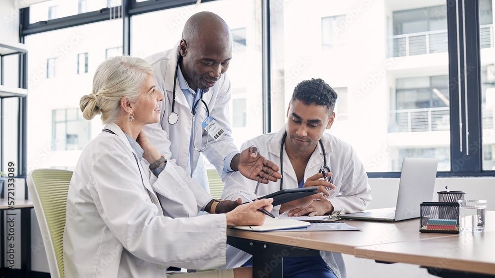 Healthcare, teamwork and staff talking, tablet and planning for ...