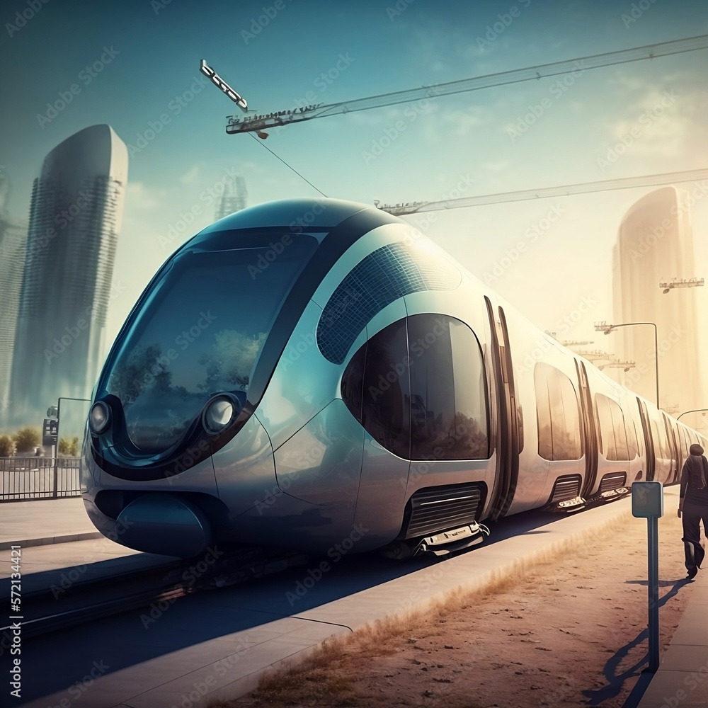 The Metro train in the futuristic city looks - like an Urban mobility ...