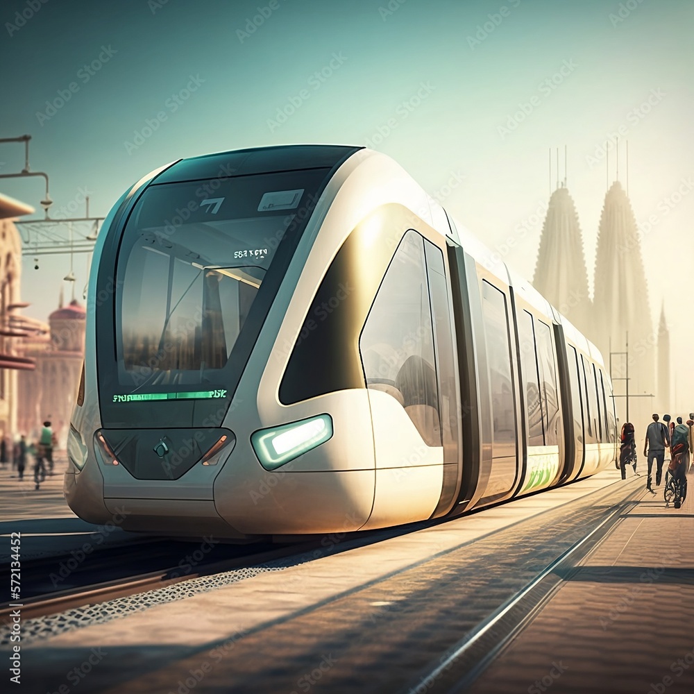 The Metro train in the futuristic city looks - like an Urban mobility ...