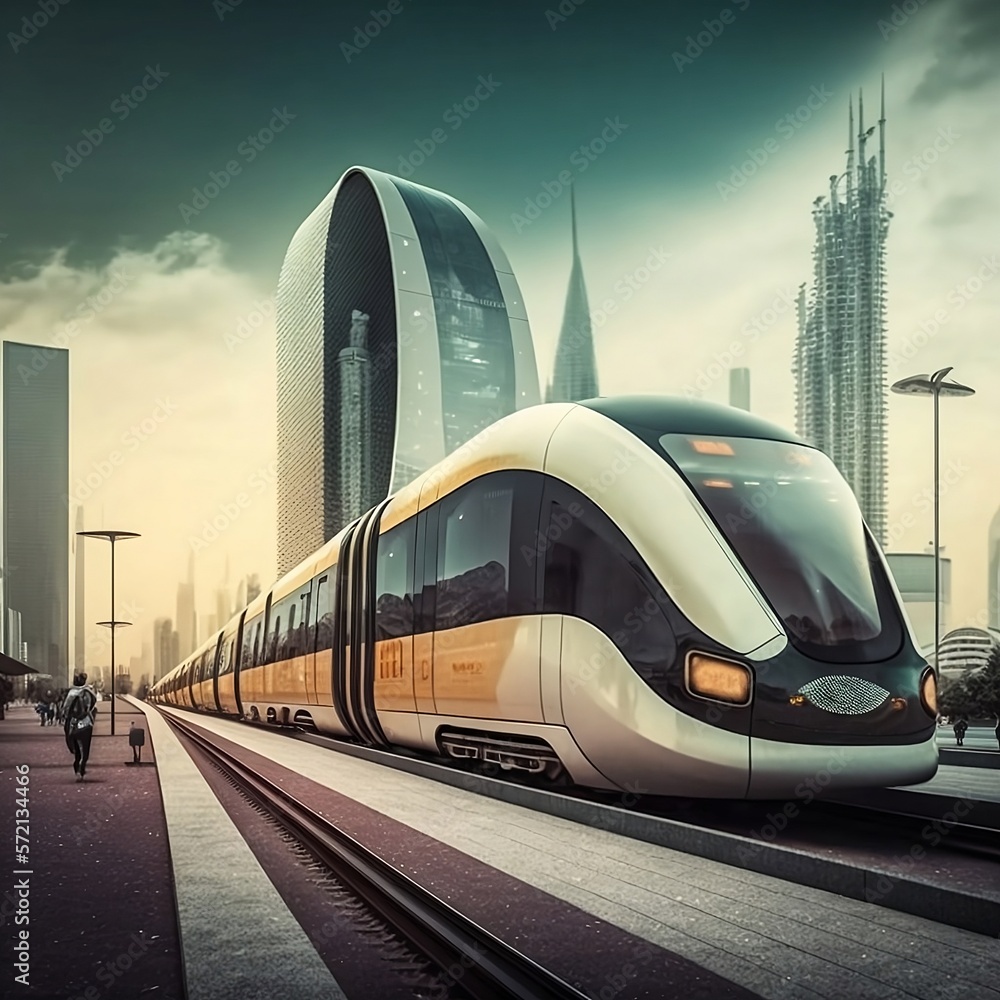 The Metro train in the futuristic city looks - like an Urban mobility ...