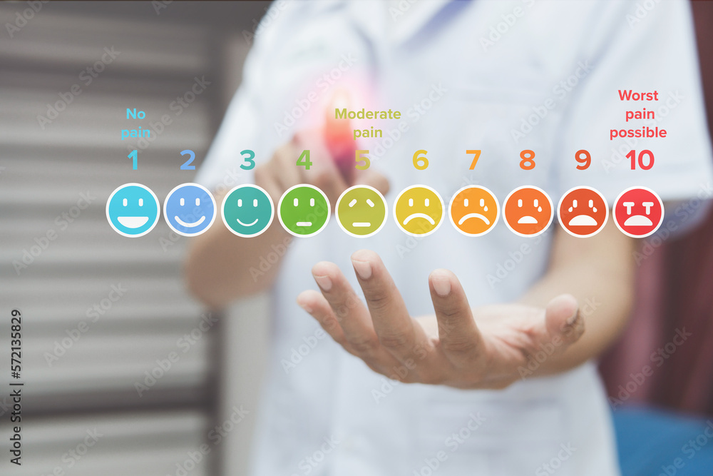 Doctor touching of moderate pain measurement scale colorful icon ...