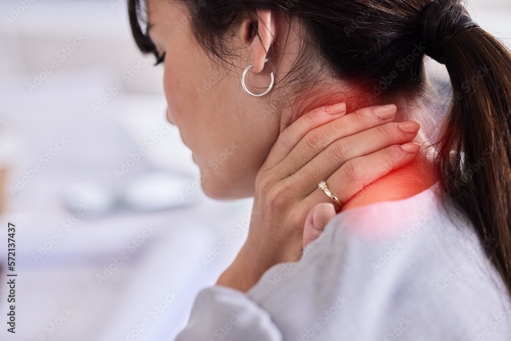 Foto de Hand, neck and injury with a business woman to holding her back ...