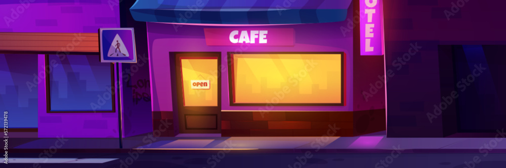 Front cafe facade at night cartoon vector background. Storefront ...