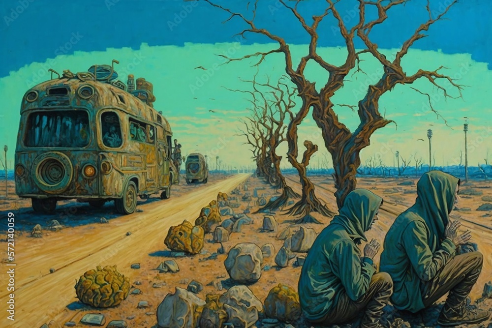 Impressionist Style Illustration of Survivors of a Toxic Apocalypse in ...